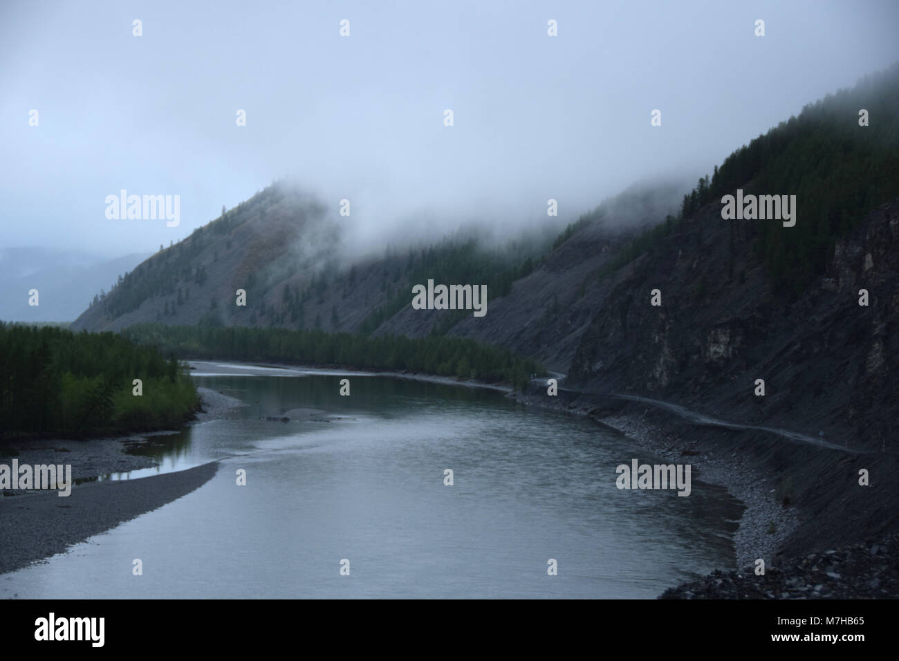 The Kolyma highway at midnight in northern Kolyma, between the village ...