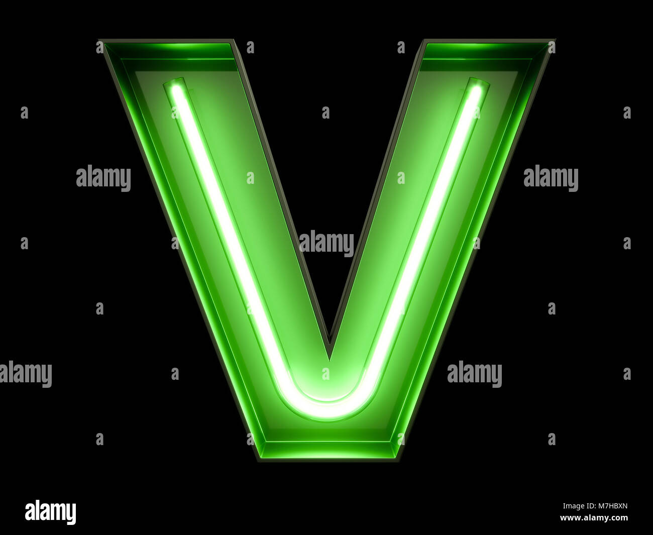 Neon green light alphabet character V font. Neon tube letters glow ...