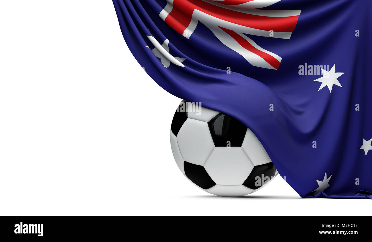 Australia national flag draped over a soccer football ball. 3D ...