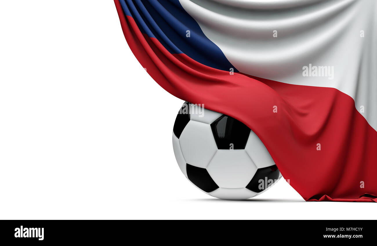 Czech Republic national flag draped over a soccer football ball. 3D ...