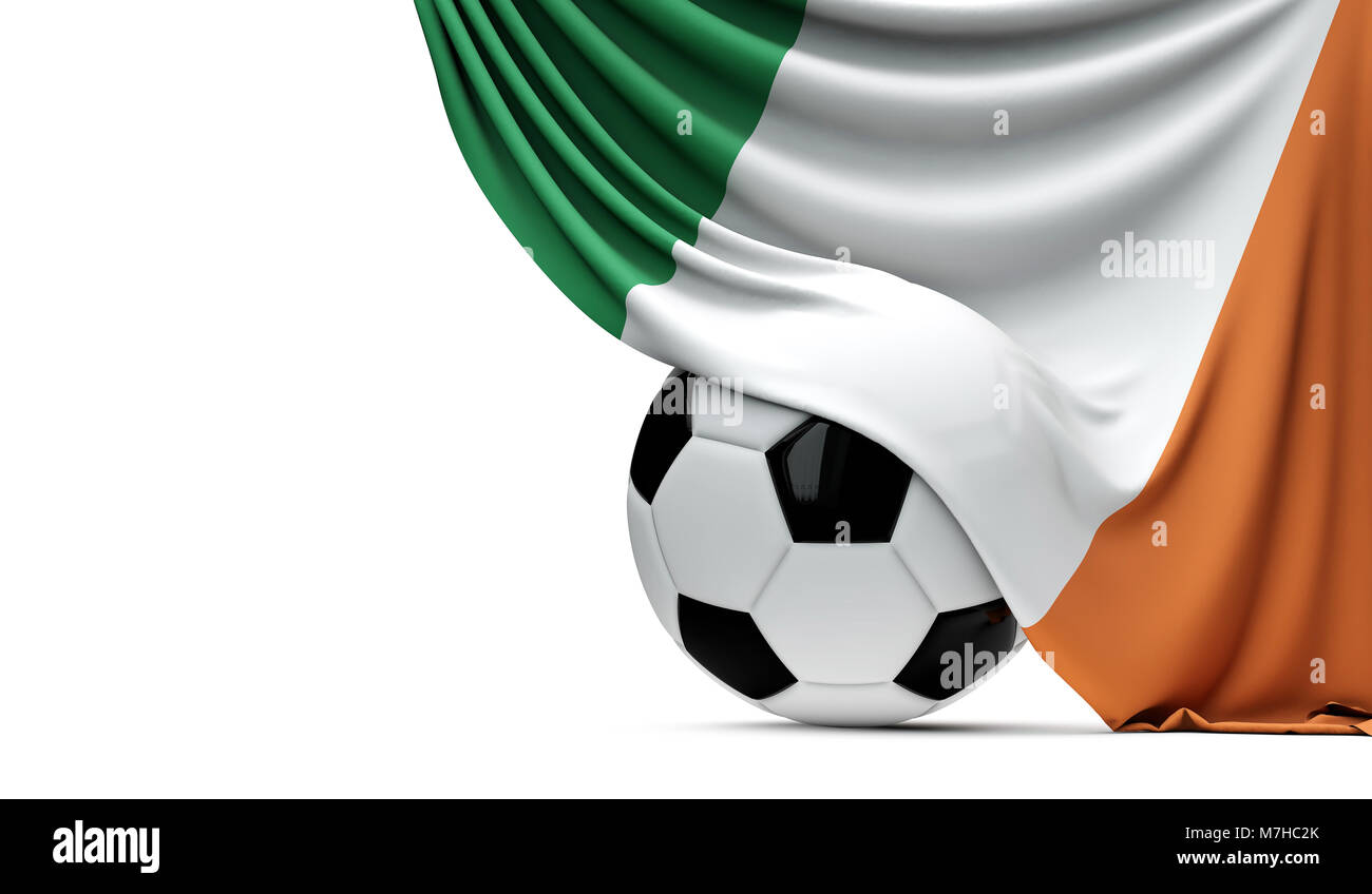 Ireland national flag draped over a soccer football ball. 3D Rendering ...