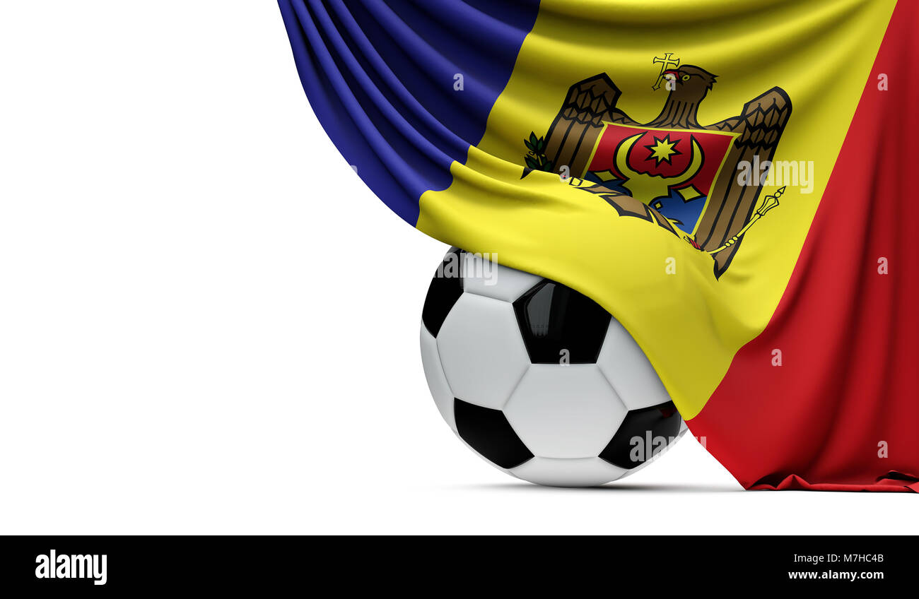 Moldova national flag draped over a soccer football ball. 3D Rendering ...