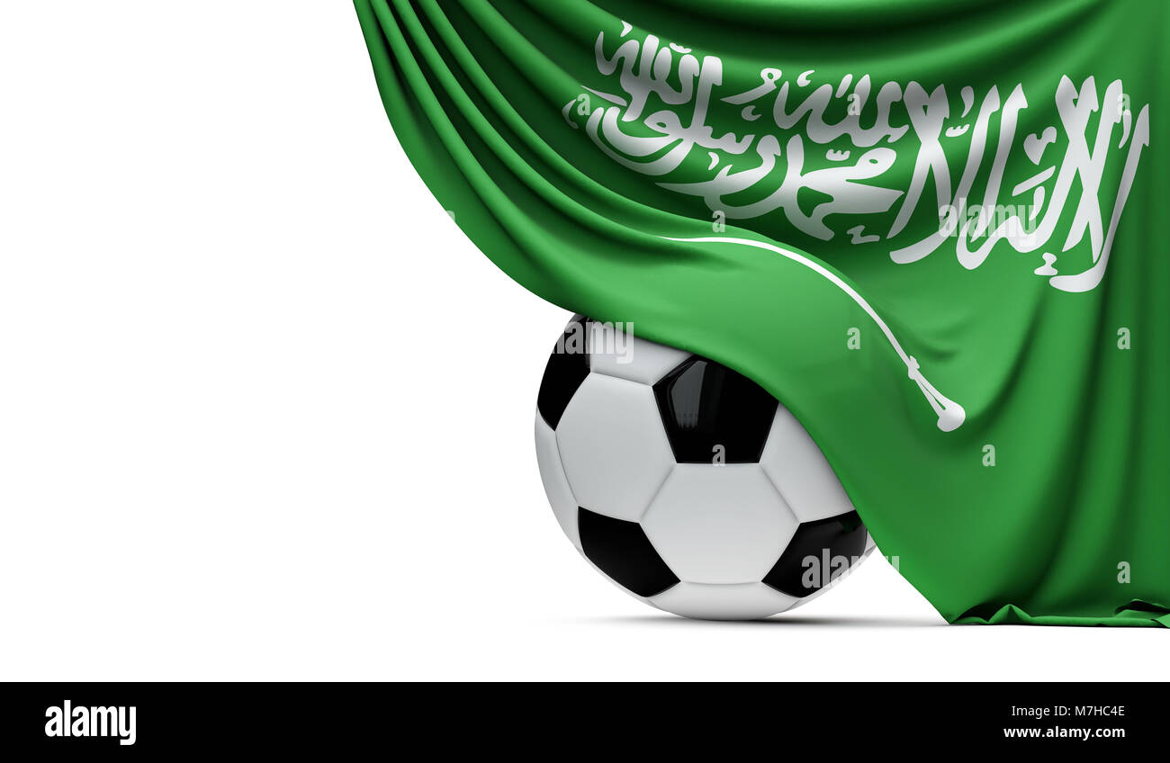 Saudi Arabia national flag draped over a soccer football ball. 3D ...