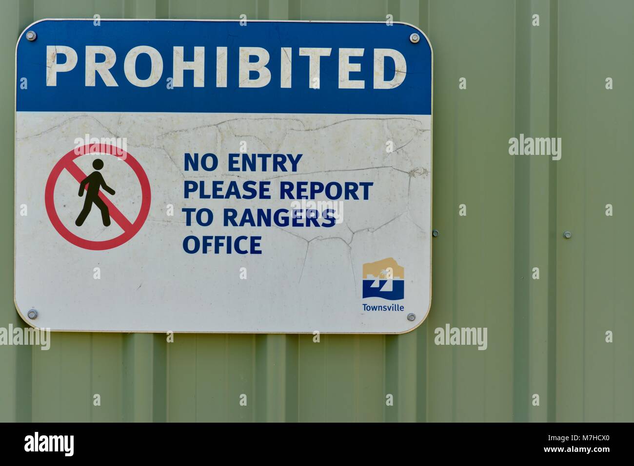 Prohibited no entry please report to rangers office sign, Ross River ...