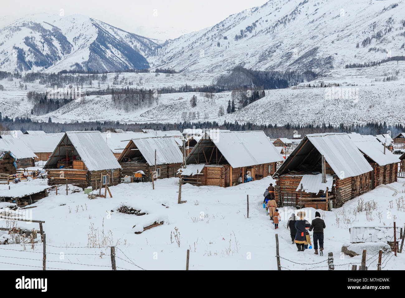 Hemu, Xinjiang - February 16, 2018: Local people walking towards the ...