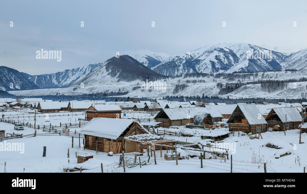 Hemu village at sunrise in Xinjiang, China, Kanas Stock Photo - Alamy