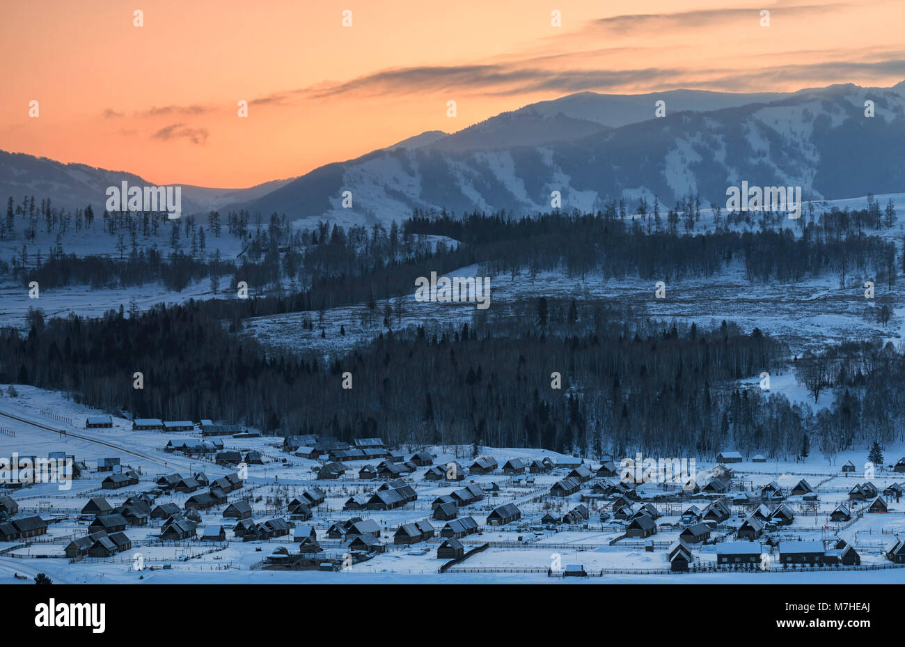 Hemu village at sunrise in Xinjiang, China, Kanas Stock Photo - Alamy