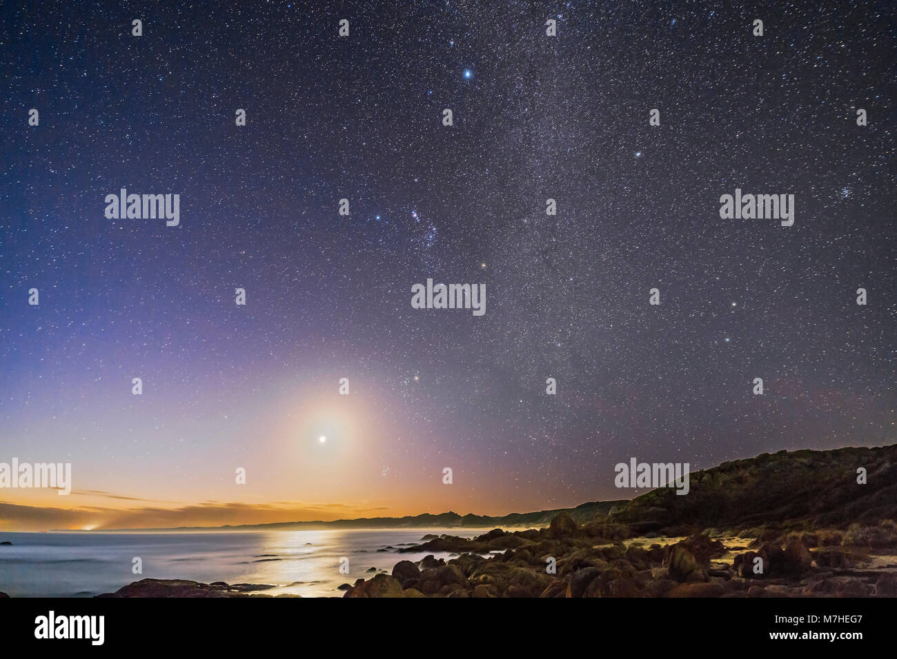 he waxing crescent moon and Orion setting into the twilight from Cape ...