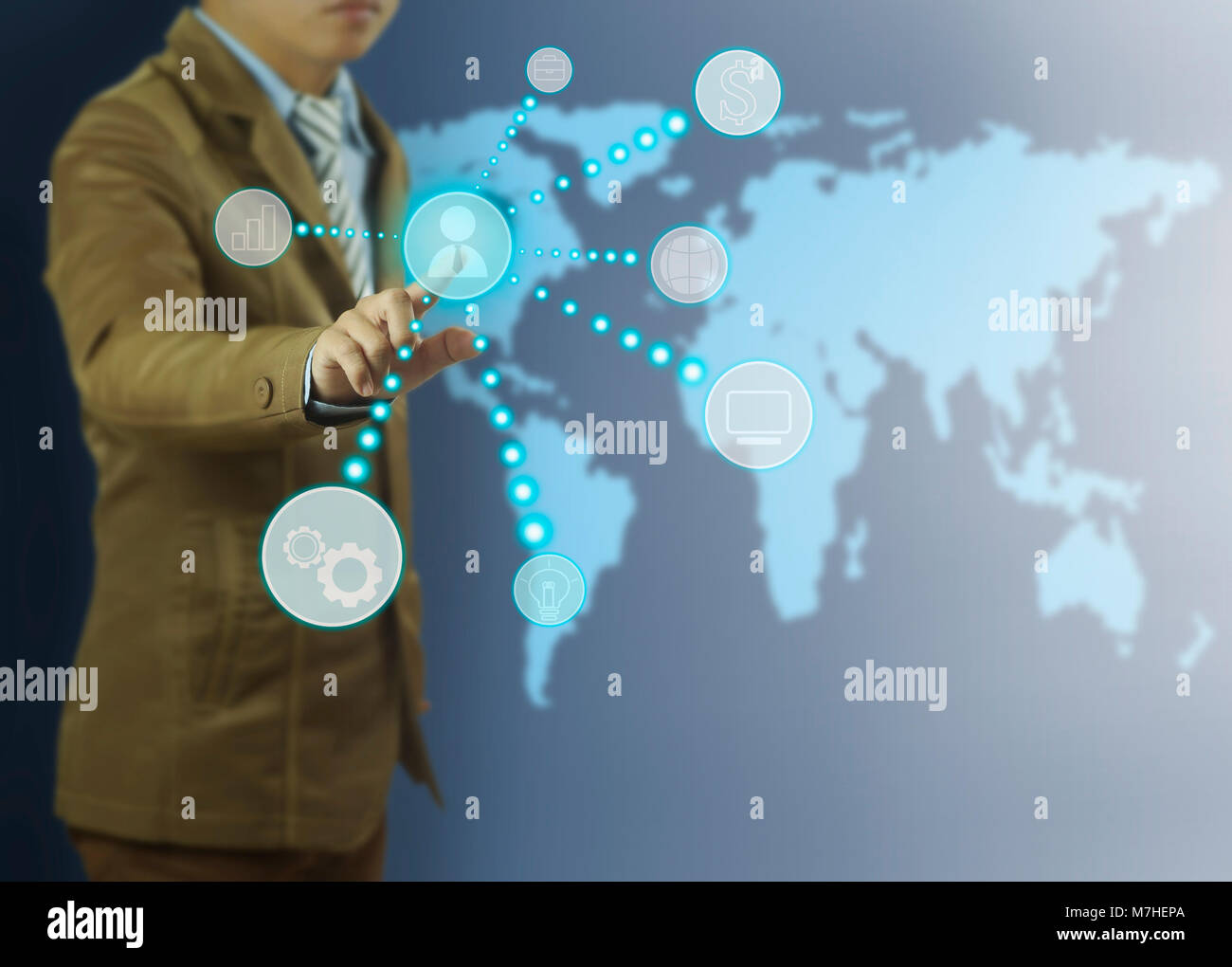 business man press human button and connect to other to success Stock ...
