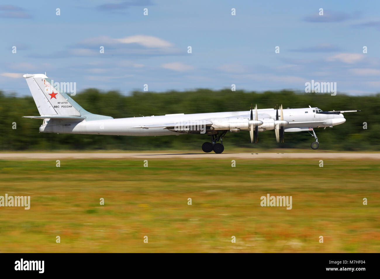 Tu-95MS strategic bomber of the Russian Air Force taking off, Russia ...