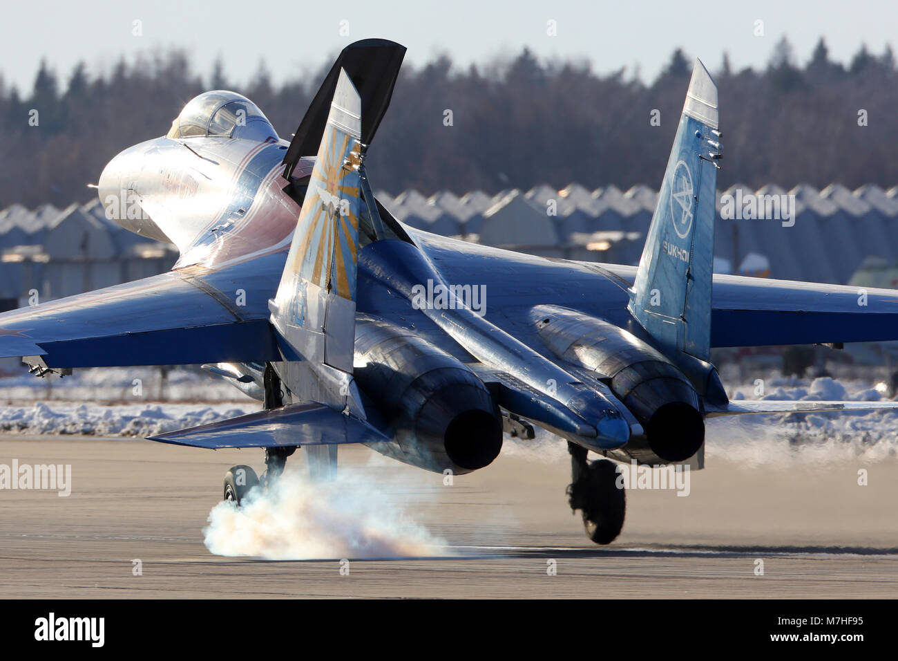 Su-27 jet fighter of the Russian Knights aerobatics team touching down ...