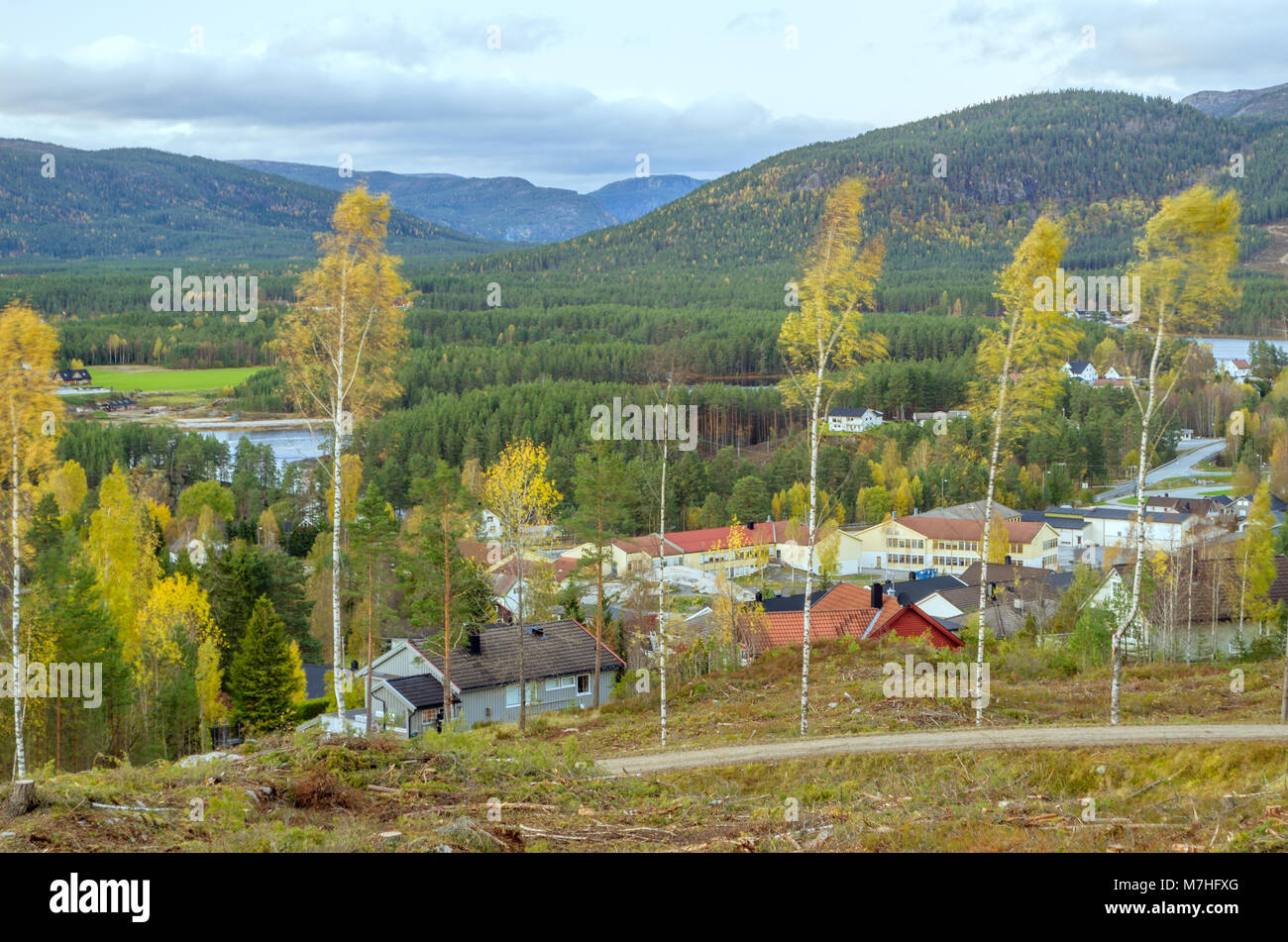 Panoramic broad view of Evje in central Norway Stock Photo - Alamy