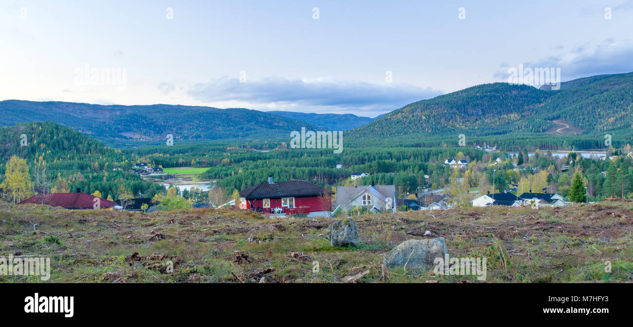 Panoramic broad view of Evje in central Norway Stock Photo - Alamy