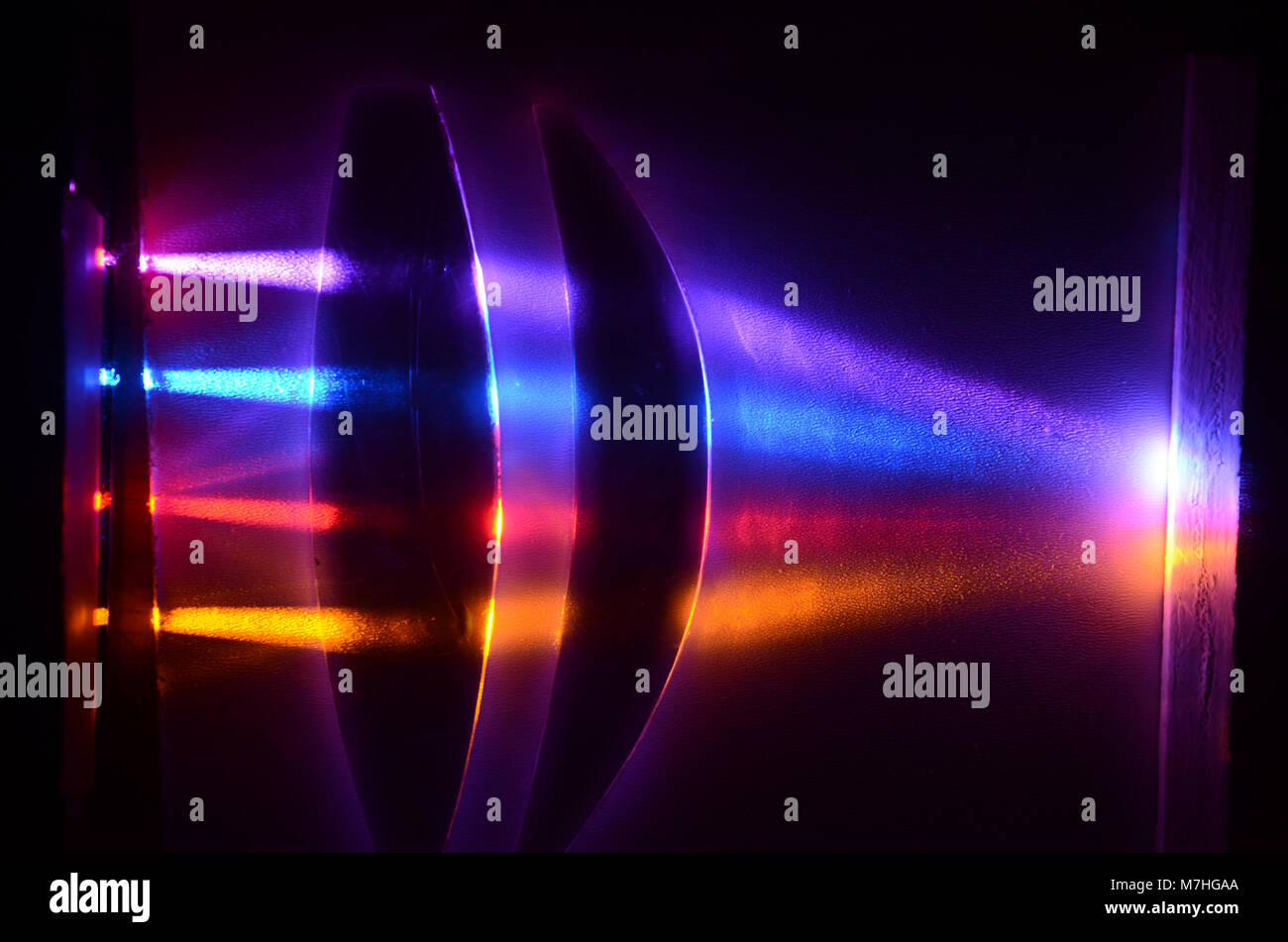 Light beams in colorblind-friendly colors pass trough a demonstration ...