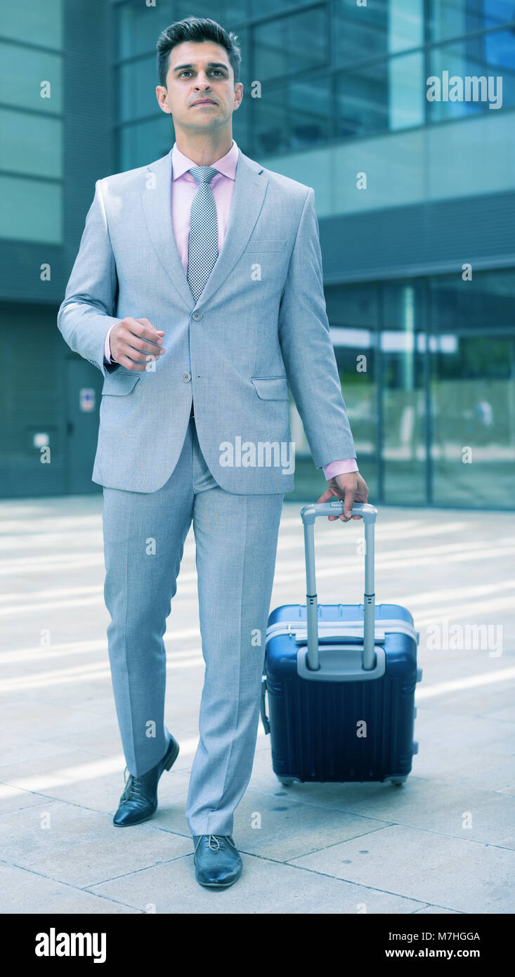 Portrait of businessman carrying suitcase on background with large ...