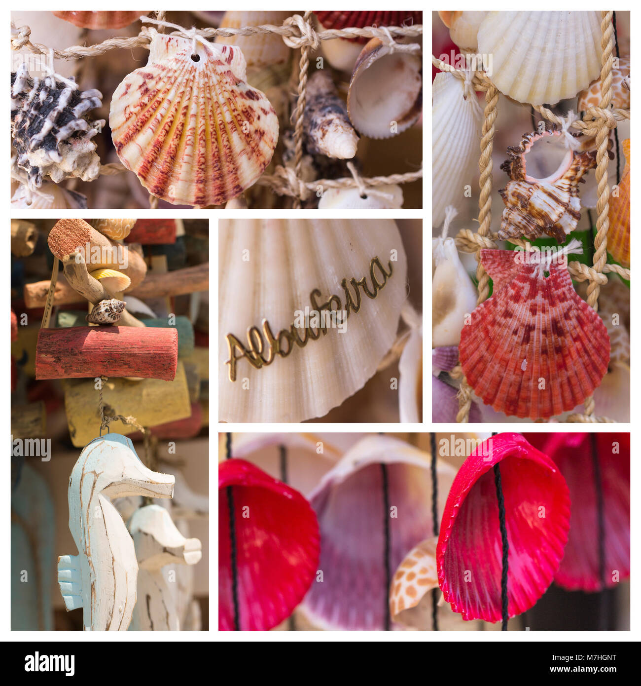 Collage of Portuguese summer souvenirs (shells) in Albufeira (white ...