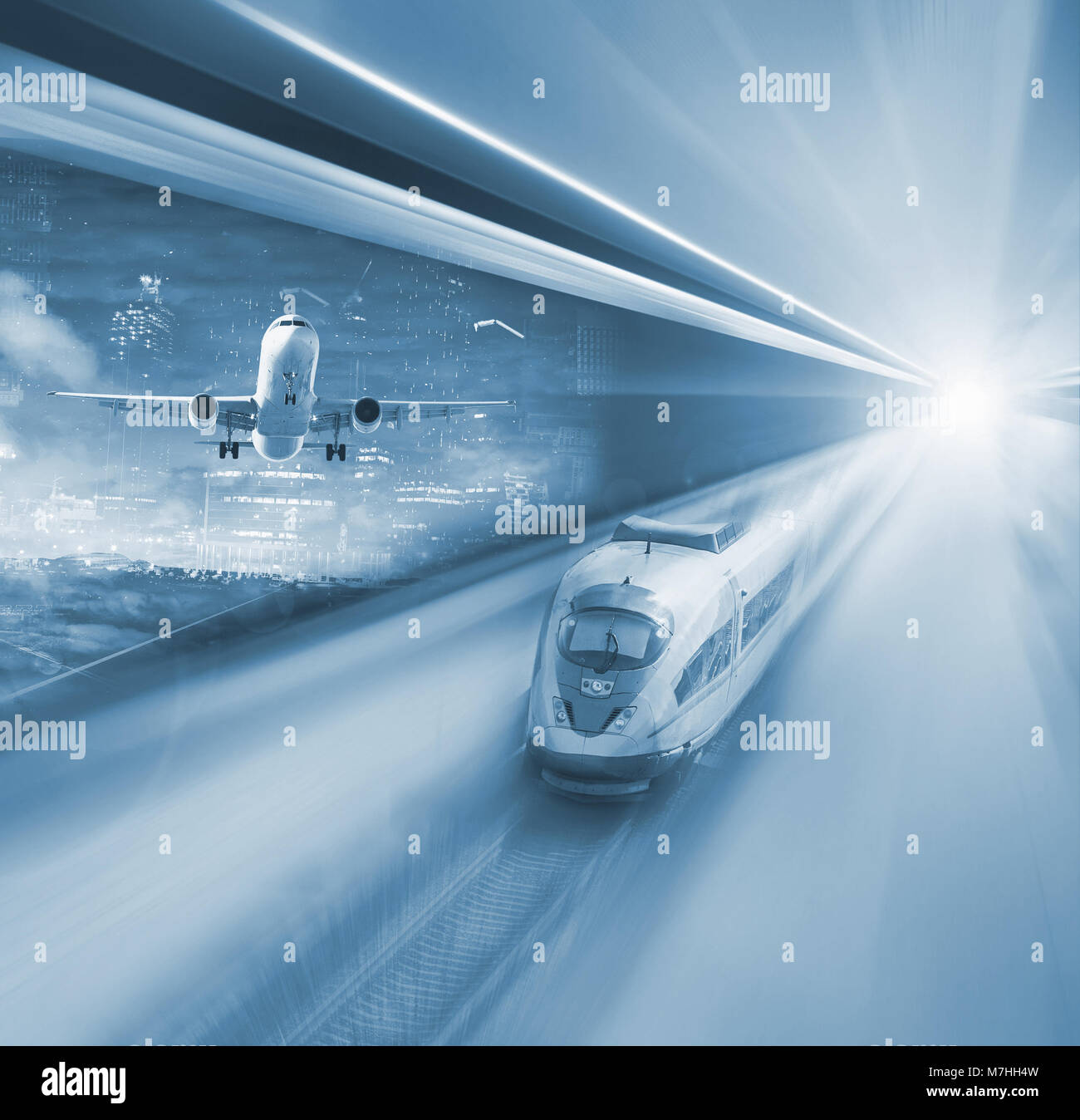 Train and plane traveling with great speed through new places Stock ...