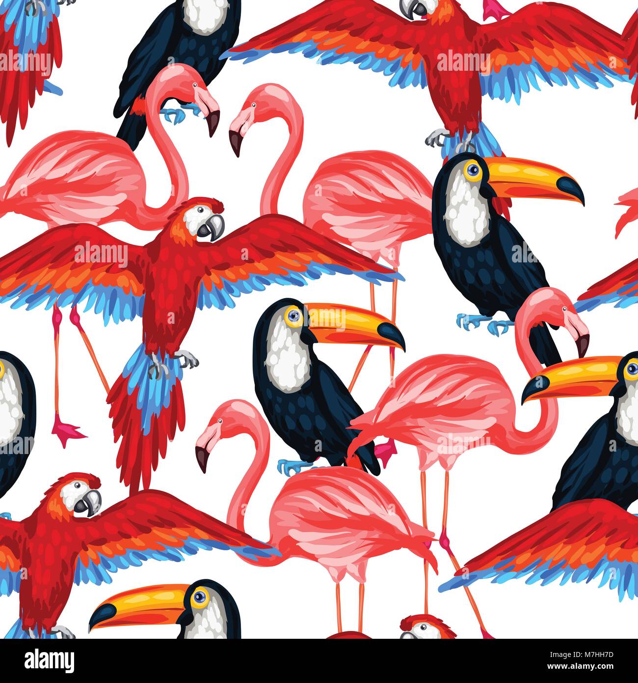 Tropical birds seamless pattern with parrots toucans and flamingos ...