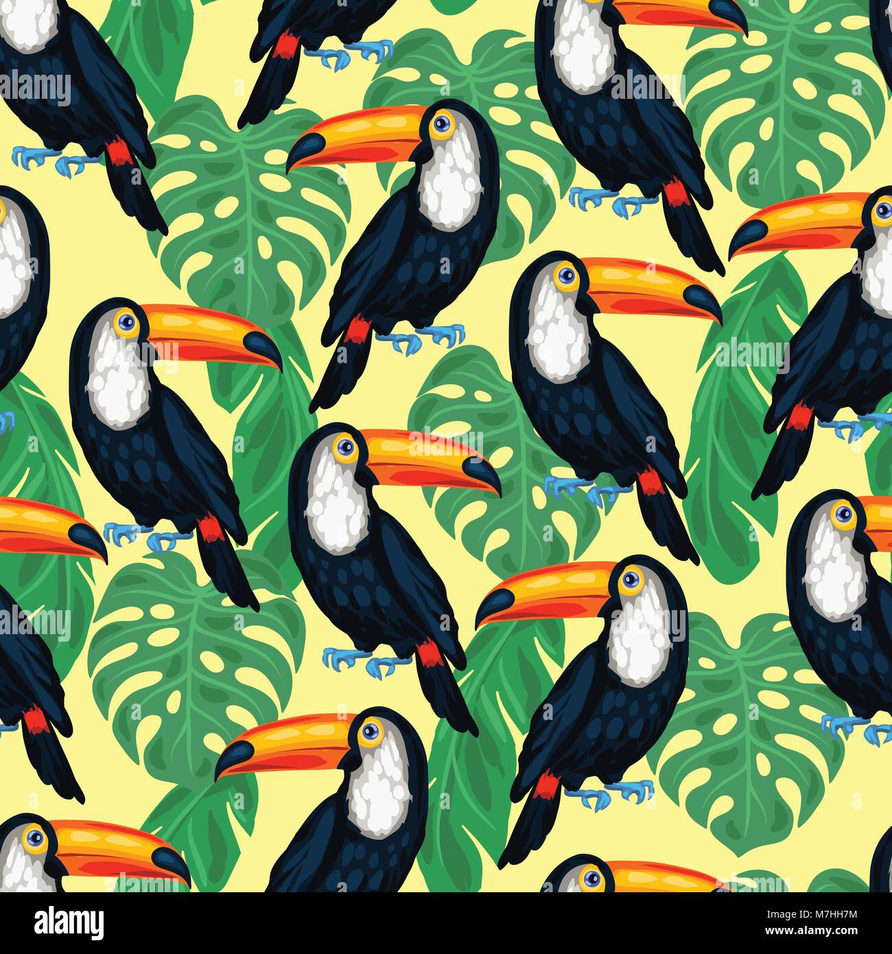 Tropical birds seamless pattern with toucans and palm leaves Stock ...