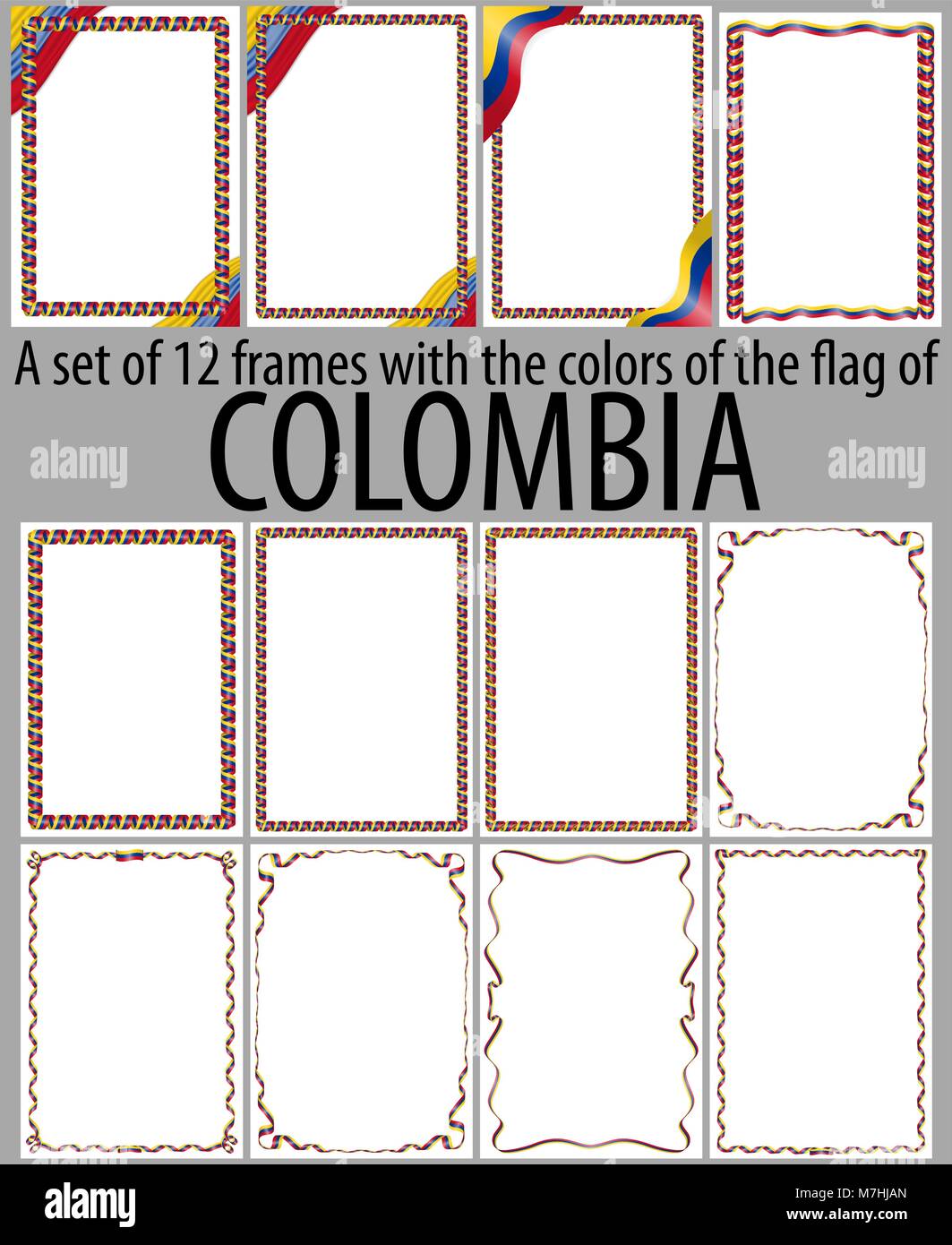 Set of 12 frames with the colors of the flag of Colombia Stock Vector ...