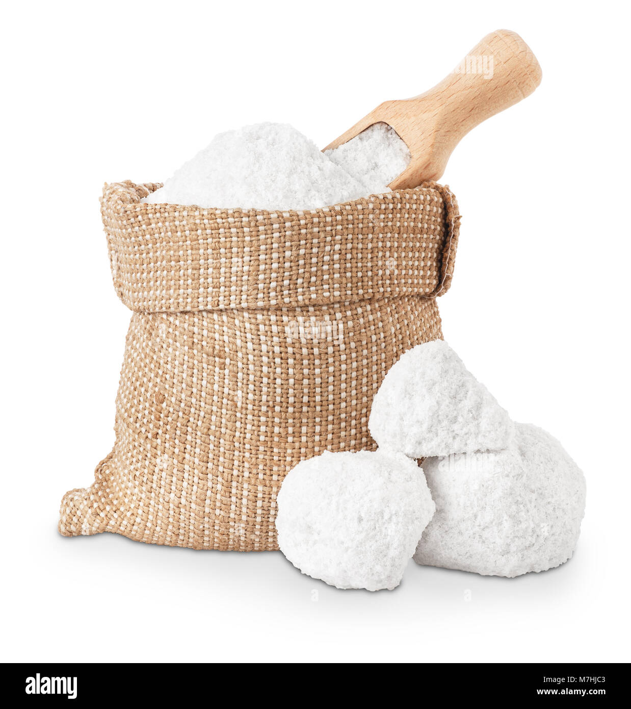 pieces of salt, crystals of salt in bag and scoop isolated on white ...