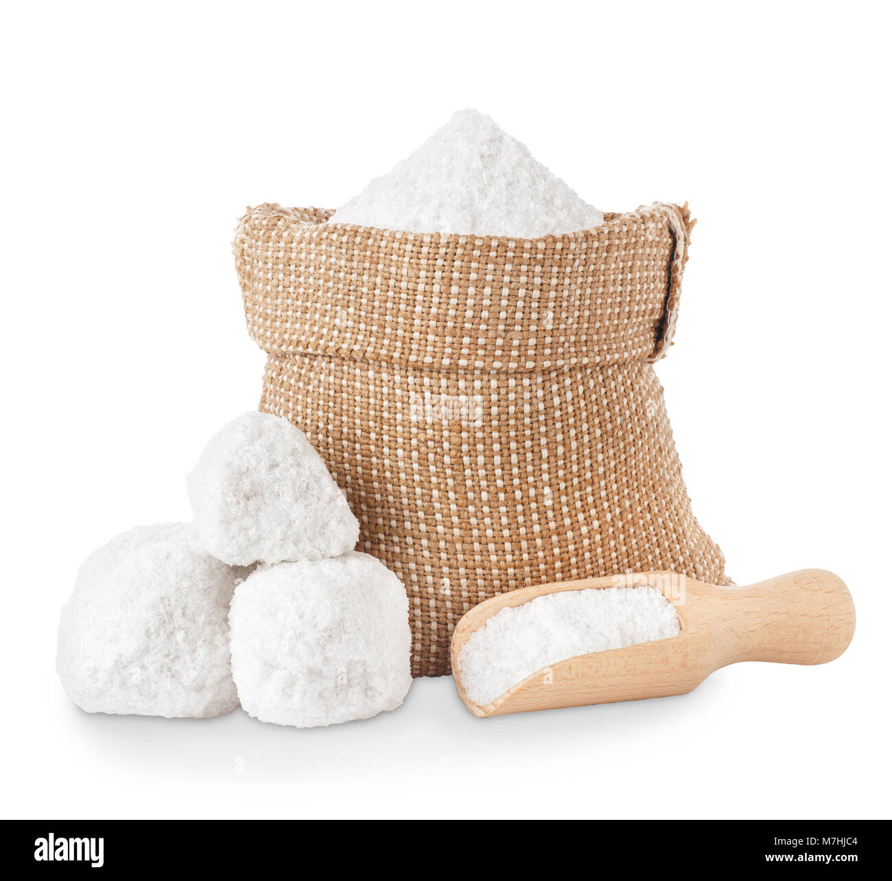 pieces of salt, crystals of salt in bag and scoop isolated on white ...