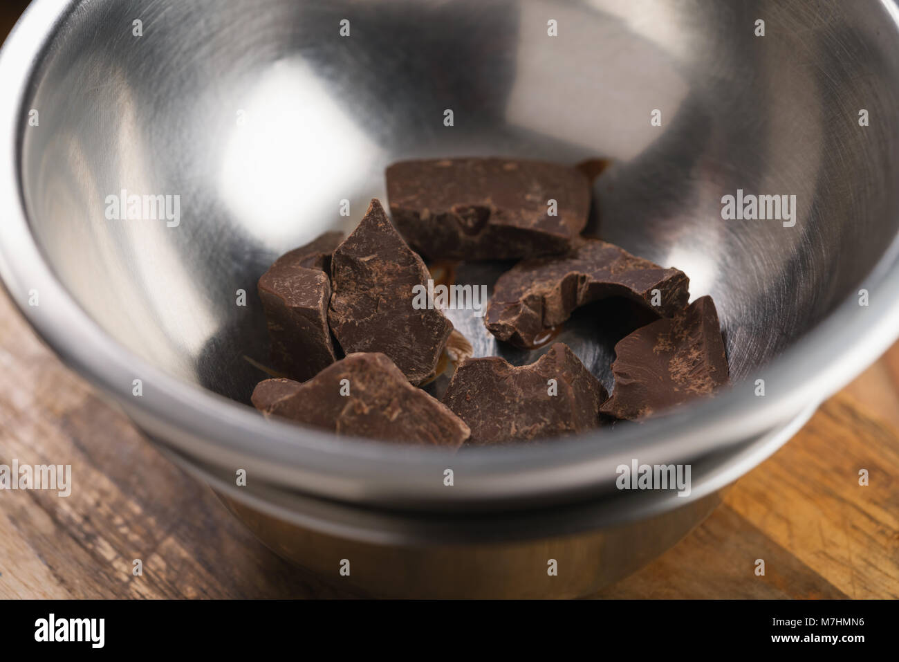 melting dark chocolate chunks in steel bowl, closeup Stock Photo - Alamy