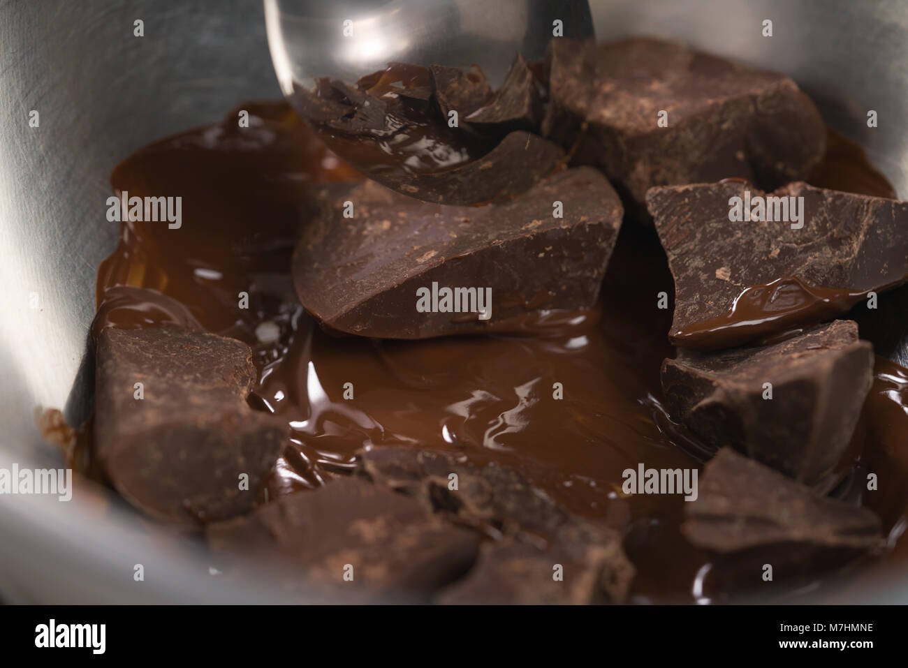 melting dark chocolate chunks in steel bowl, closeup Stock Photo - Alamy