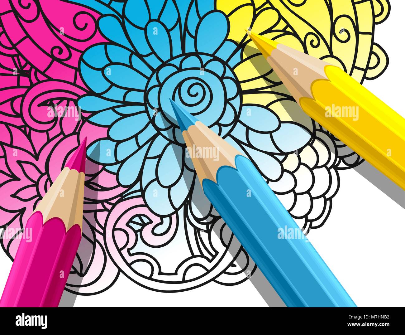 Adult coloring concept with pencils, printed pattern. Illustration of ...