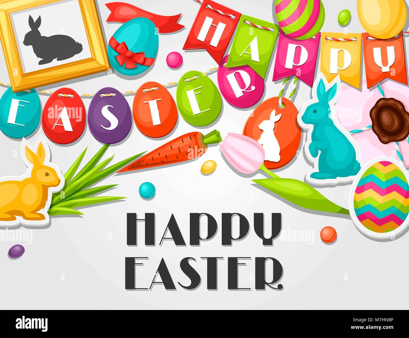 Happy Easter greeting card with decorative objects, eggs, bunnies stickers. Concept can be used ...