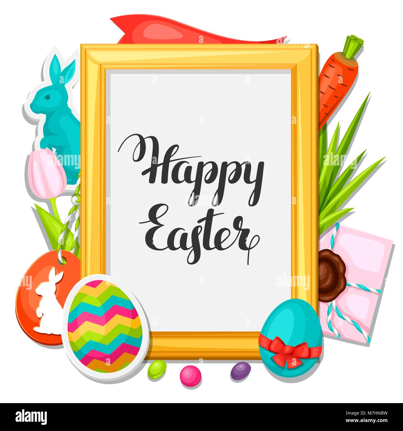 Happy Easter photo frame with decorative objects, eggs, bunnies stickers. Concept can be used ...