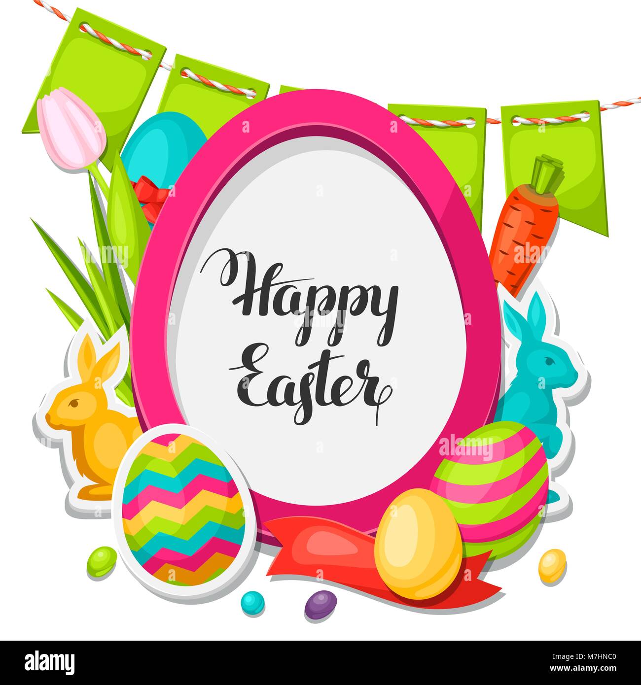 Happy Easter photo frame with decorative objects, eggs, bunnies stickers. Concept can be used ...