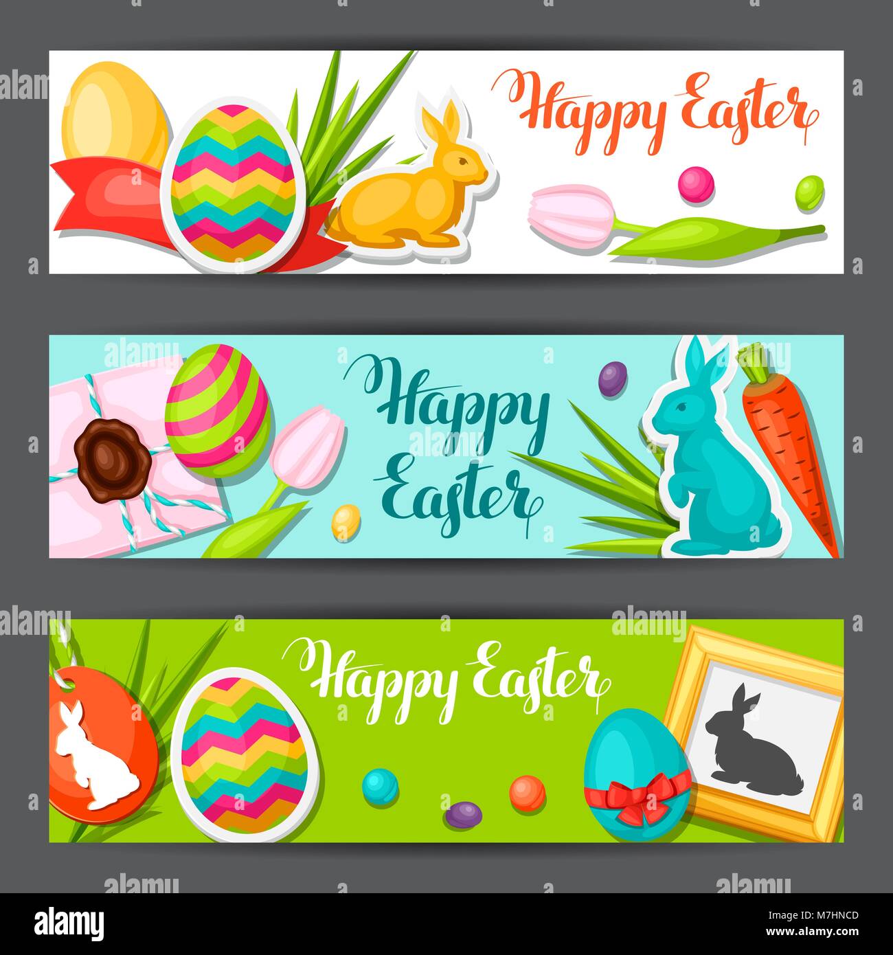 Happy Easter banners with decorative objects, eggs, bunnies stickers. Concept can be used for ...
