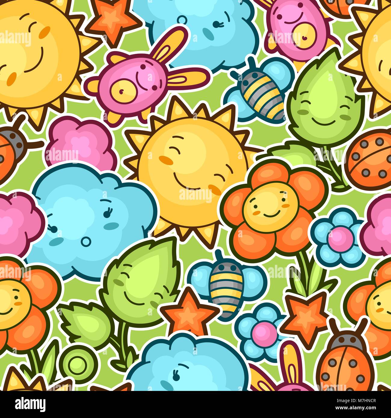 Seamless kawaii child pattern with cute doodles. Spring collection of ...