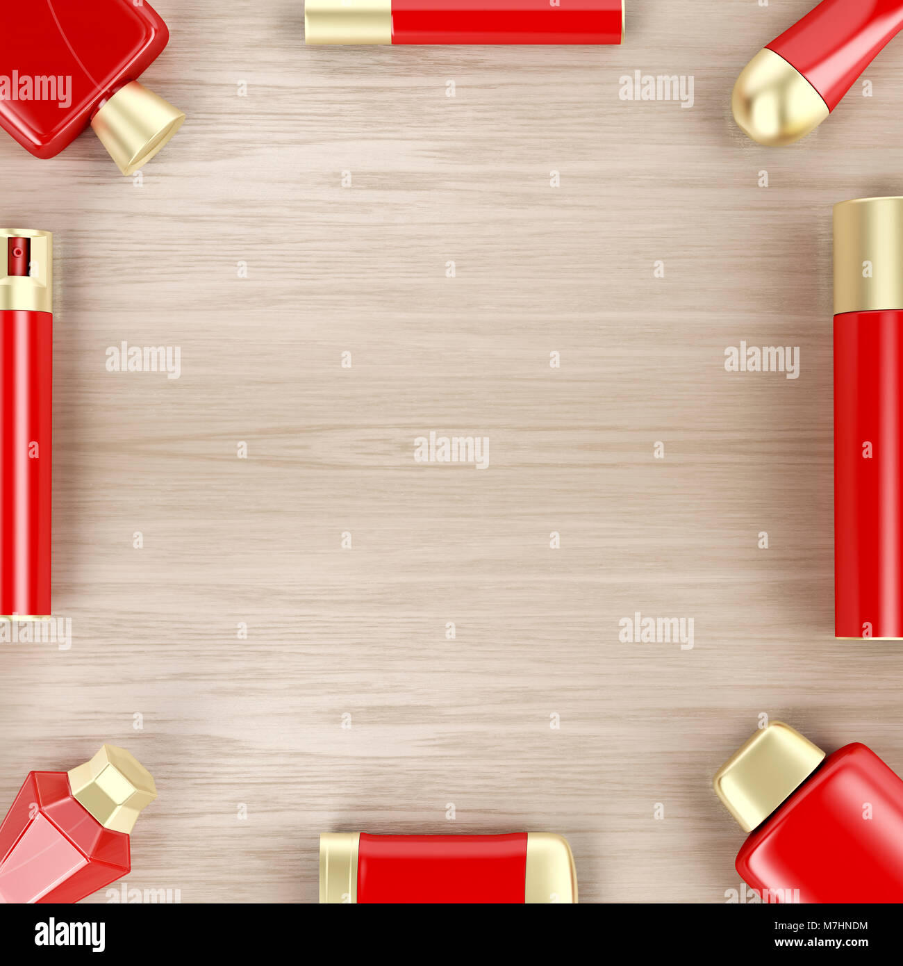 Set of cosmetic products on wooden table, top view Stock Photo - Alamy