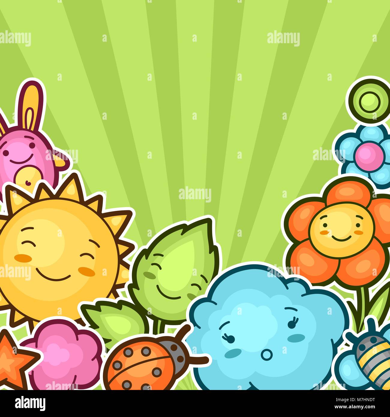 Cute child background with kawaii doodles. Spring collection of ...