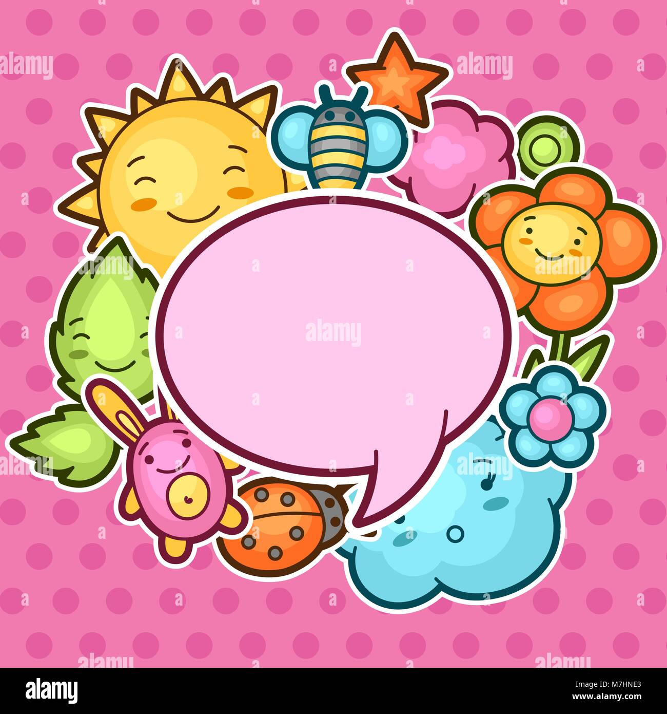 Cute child background with kawaii doodles. Spring collection of ...