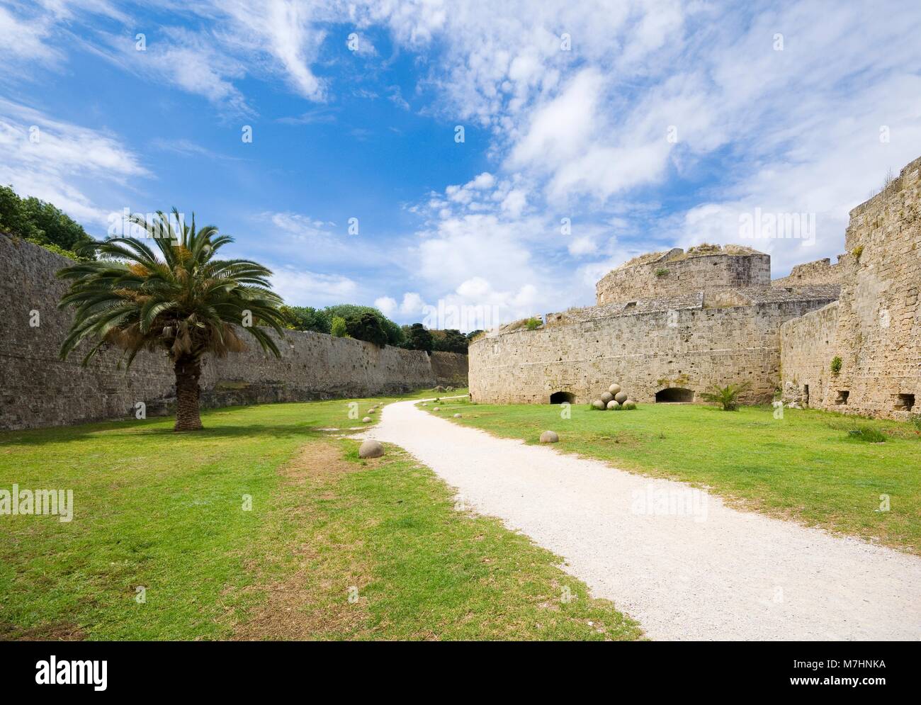Fortifications of the Old Town of Rhodes - view of moat and walls ...