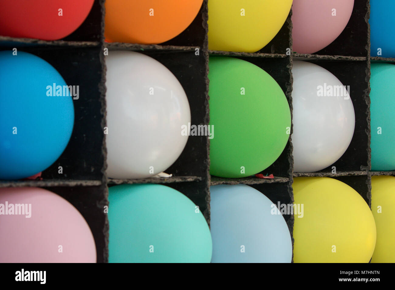 Inflated balloons waiting to be popped sit on shelves of carnival game ...