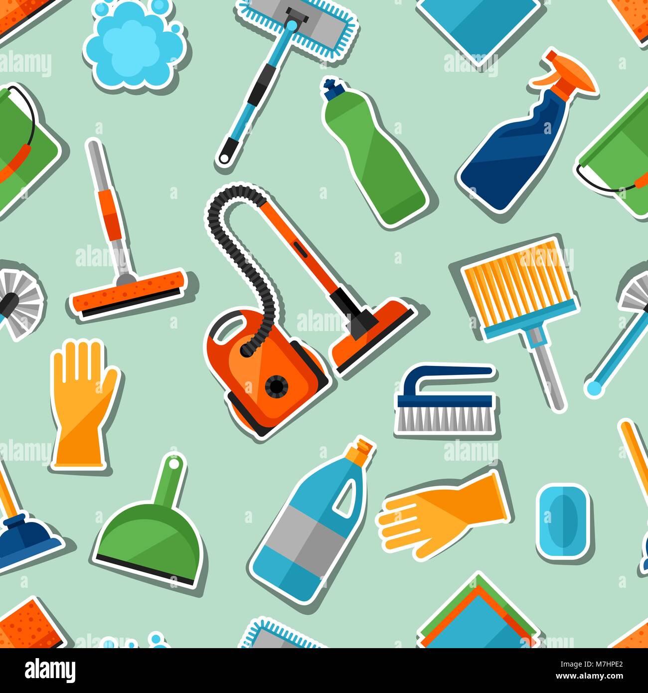 Housekeeping lifestyle seamless pattern with cleaning sticker icons ...