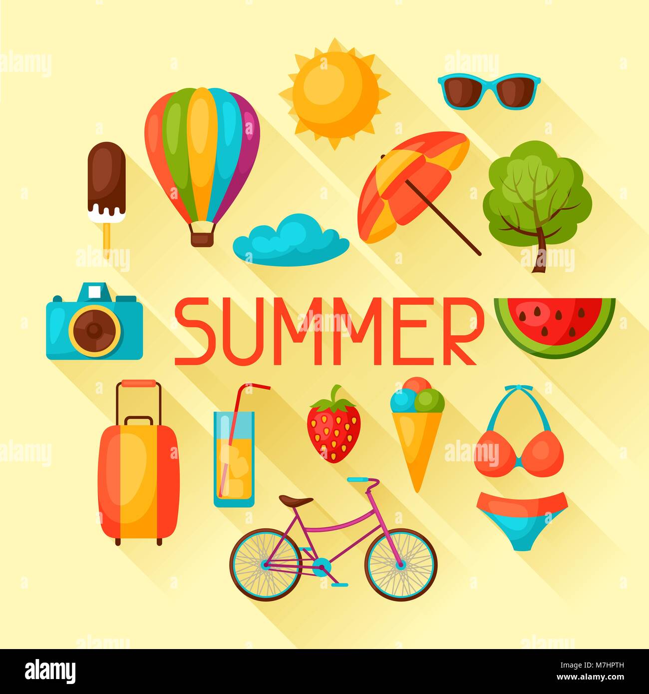Background with stylized summer objects. Design for cards, covers ...