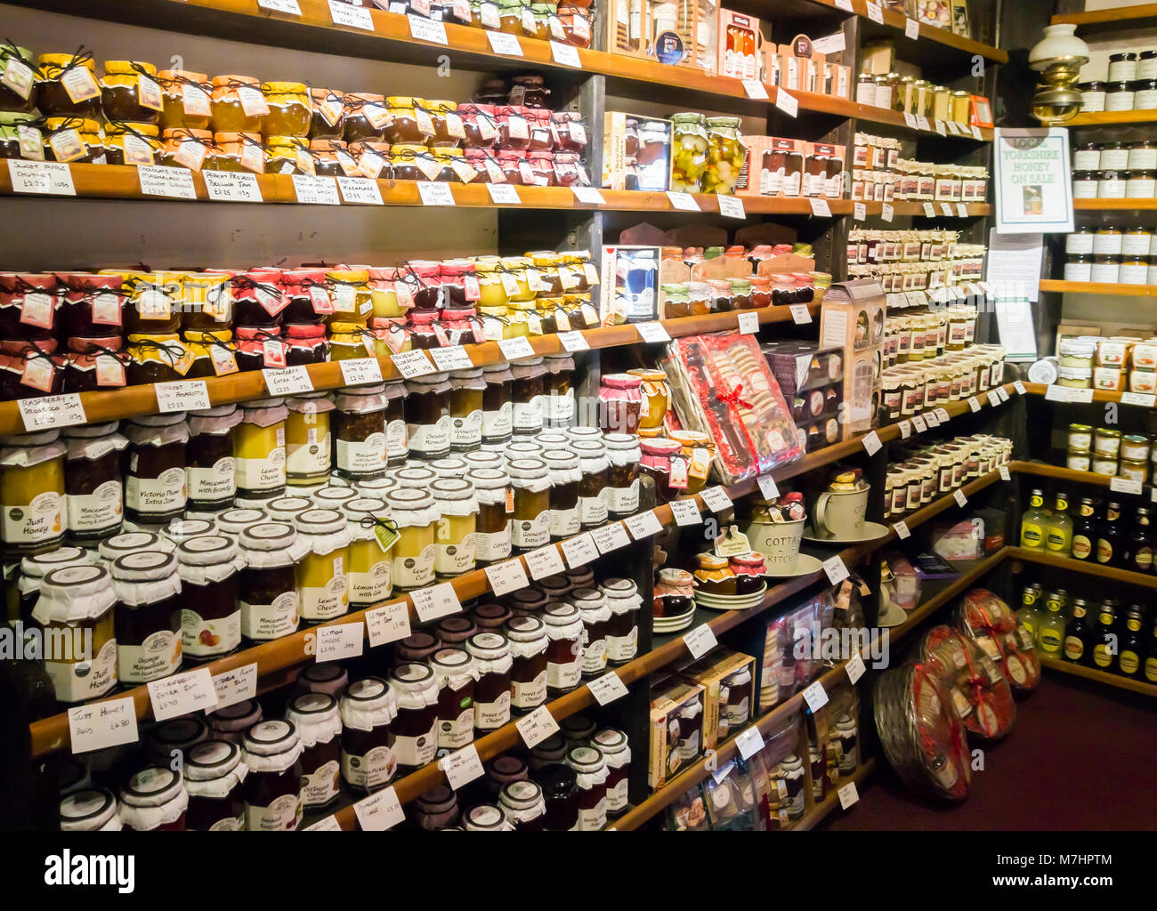 Retail shop display of locally made North Yorkshire preserves fruit jam ...
