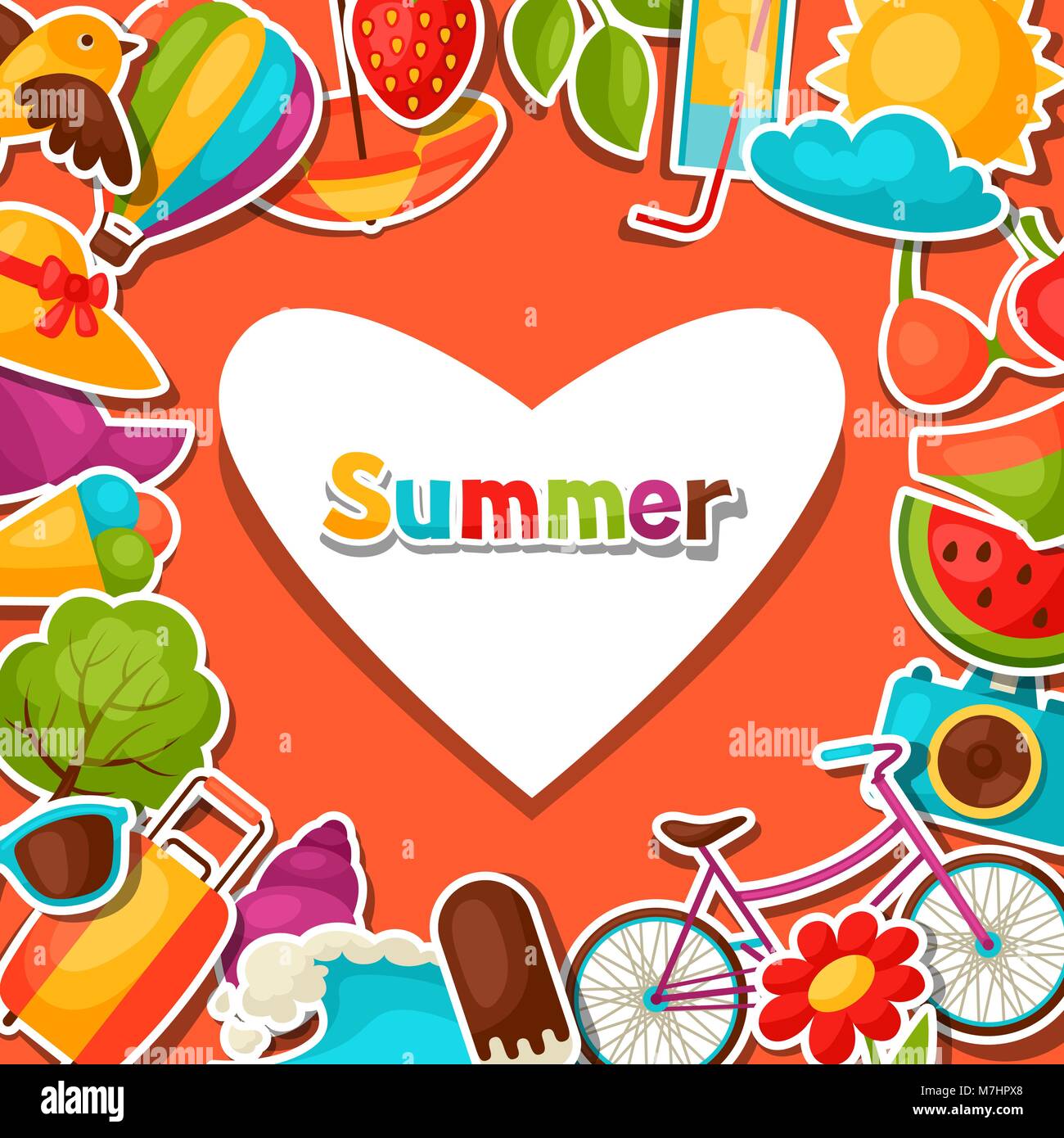 Background with summer stickers. Design for cards, covers, brochures ...