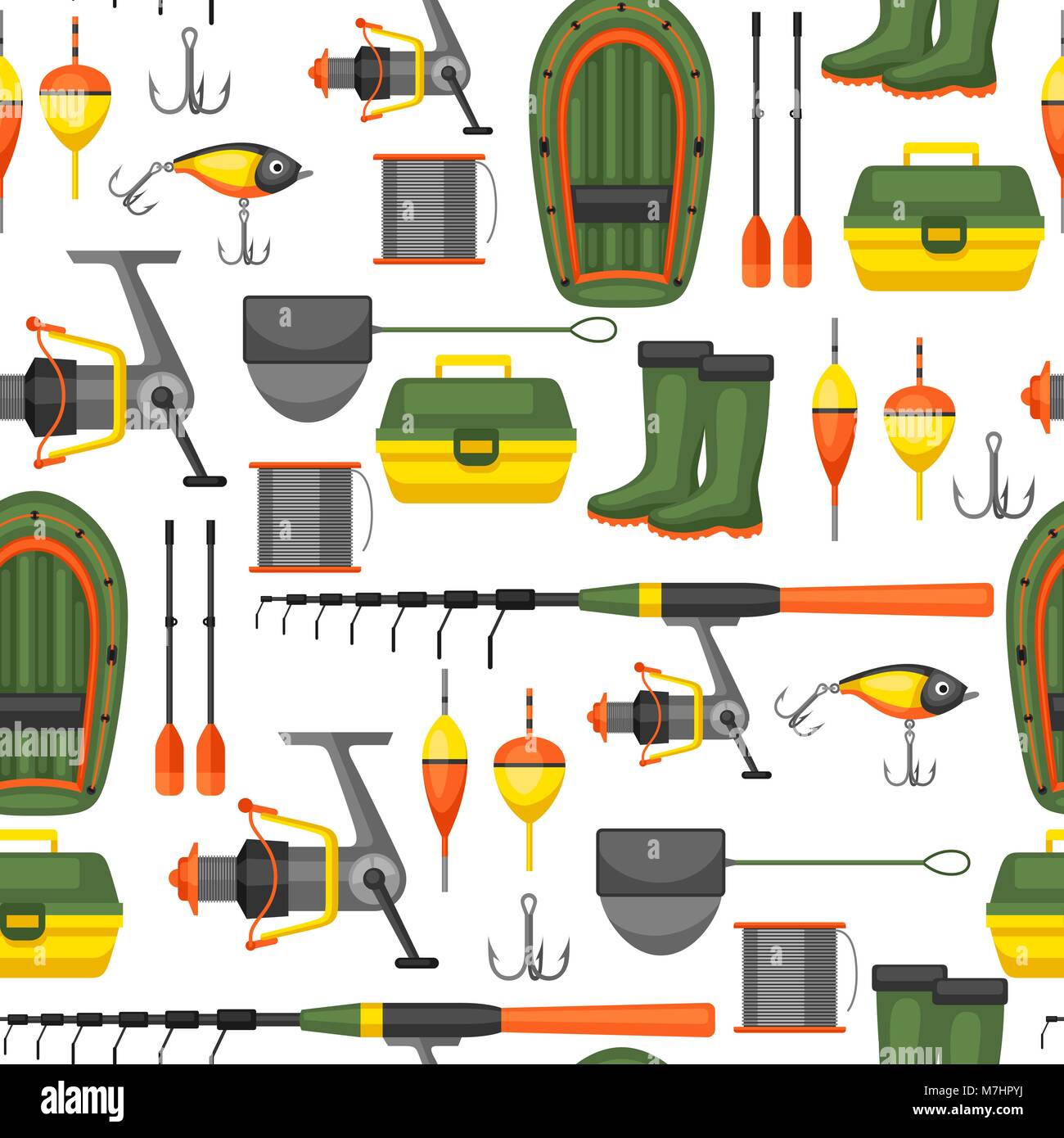 Seamless pattern with fishing supplies. Background made without ...