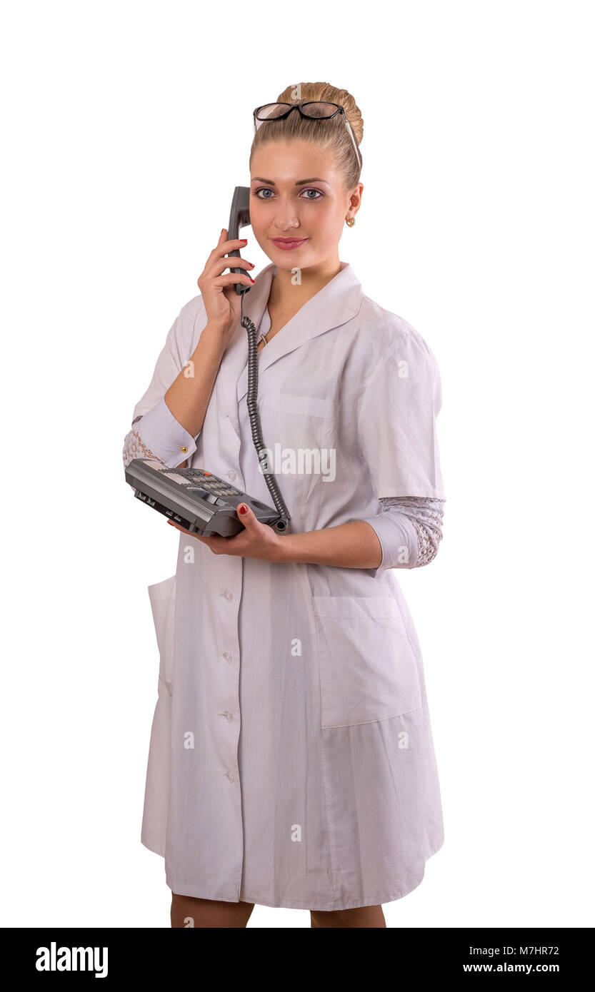 blonde girl in white robe calling on the phone Stock Photo - Alamy