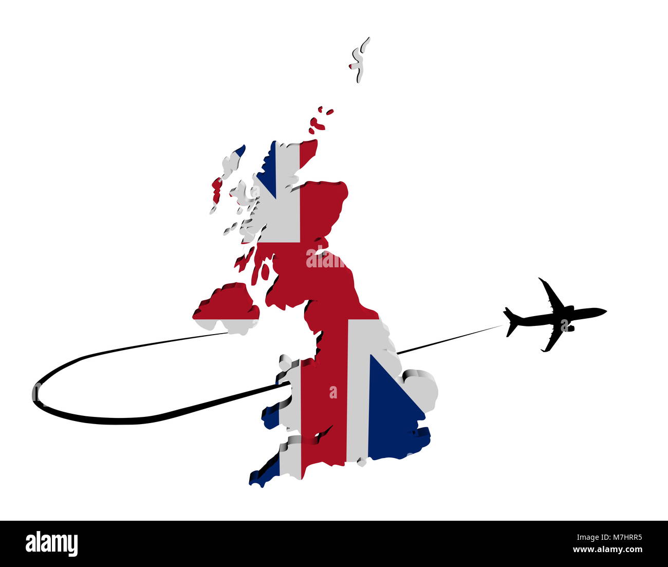 UK map flag with plane silhouette and swoosh illustration Stock Photo ...