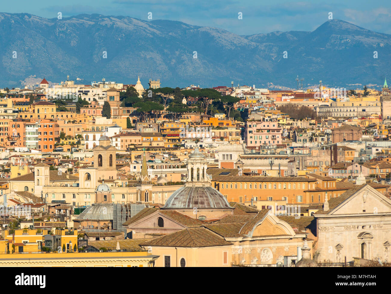 Historic Rome city skyline with domes and spires seen from Janiculum ...
