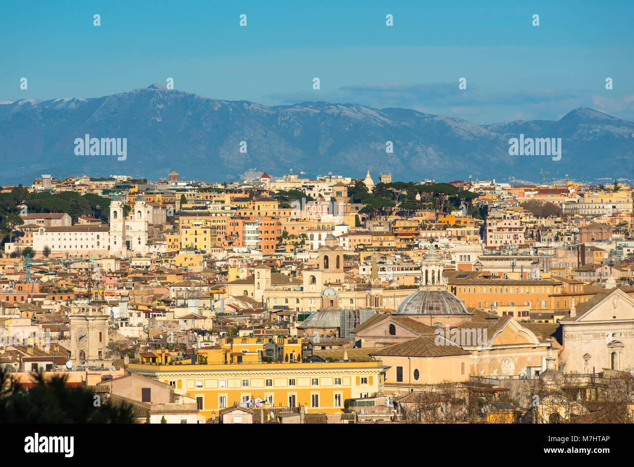 Historic Rome city skyline with domes and spires seen from Janiculum ...