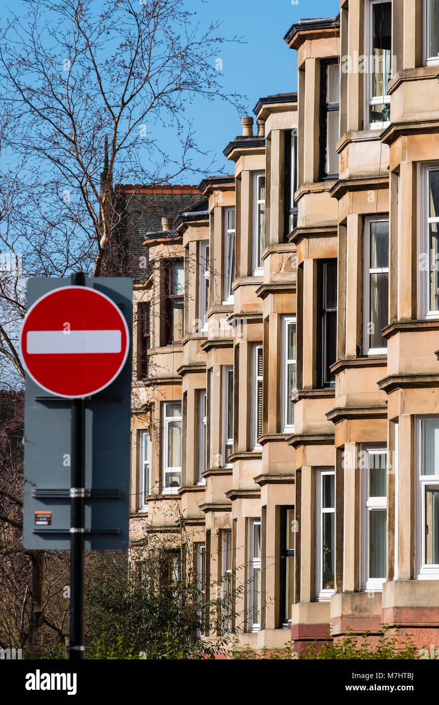 View of row of traditional sandstone tenement apartment buildings in ...