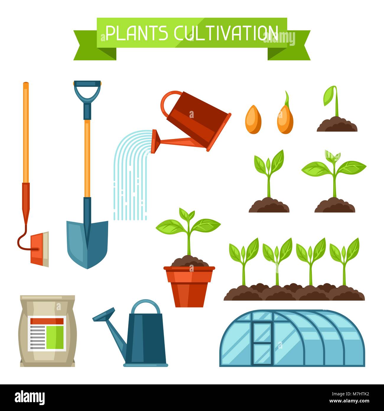 Set of agriculture objects. Instruments for cultivation, plants ...